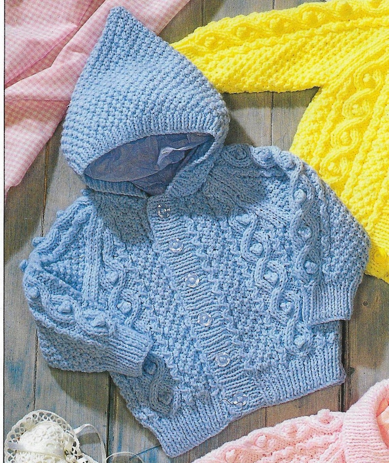 3 X Aran Knitting Pattern Children Hooded Jacket Sweater Jumper Toddler ...
