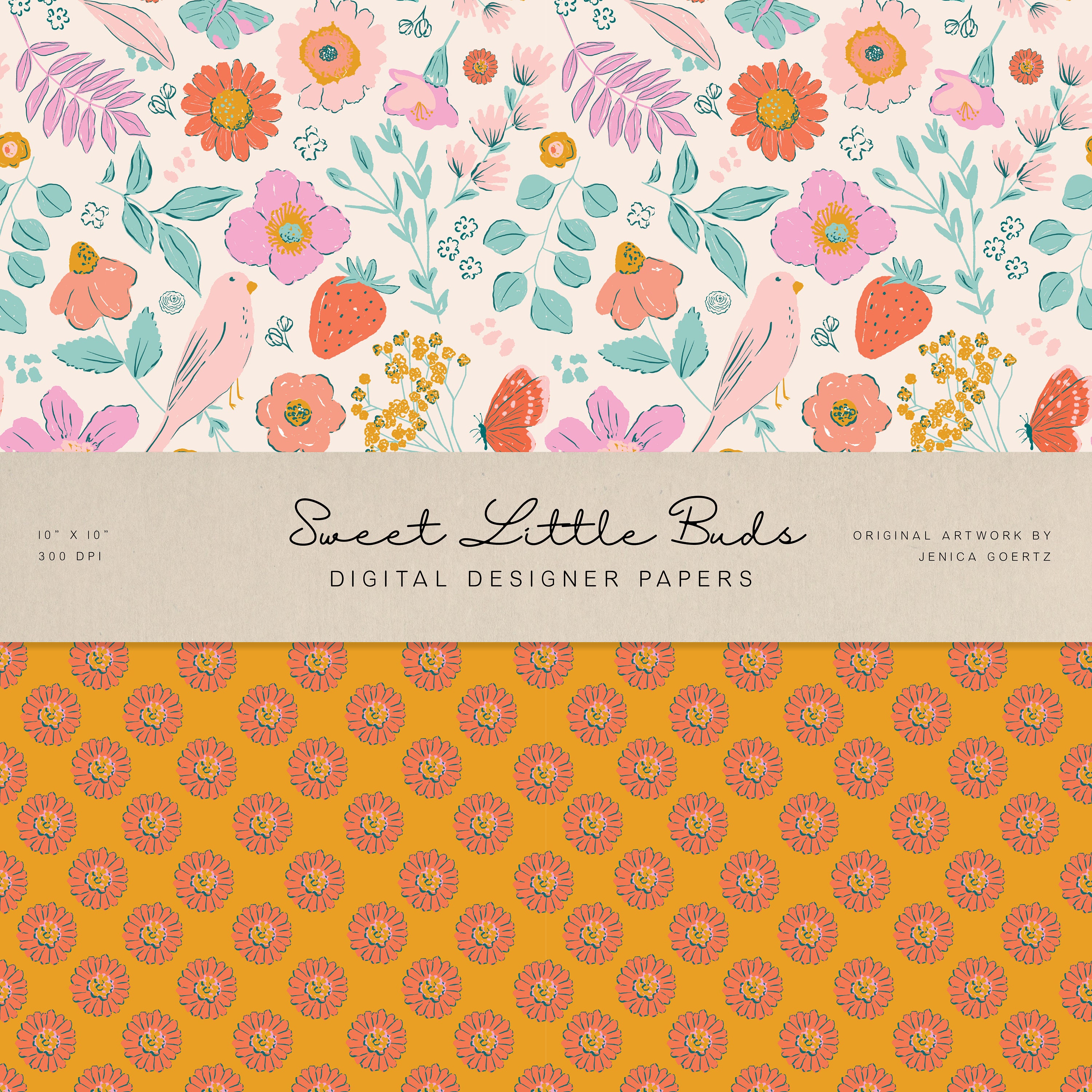 Cute Bird Digital Paper Kids Printable Paper Bright Floral Patterns ...