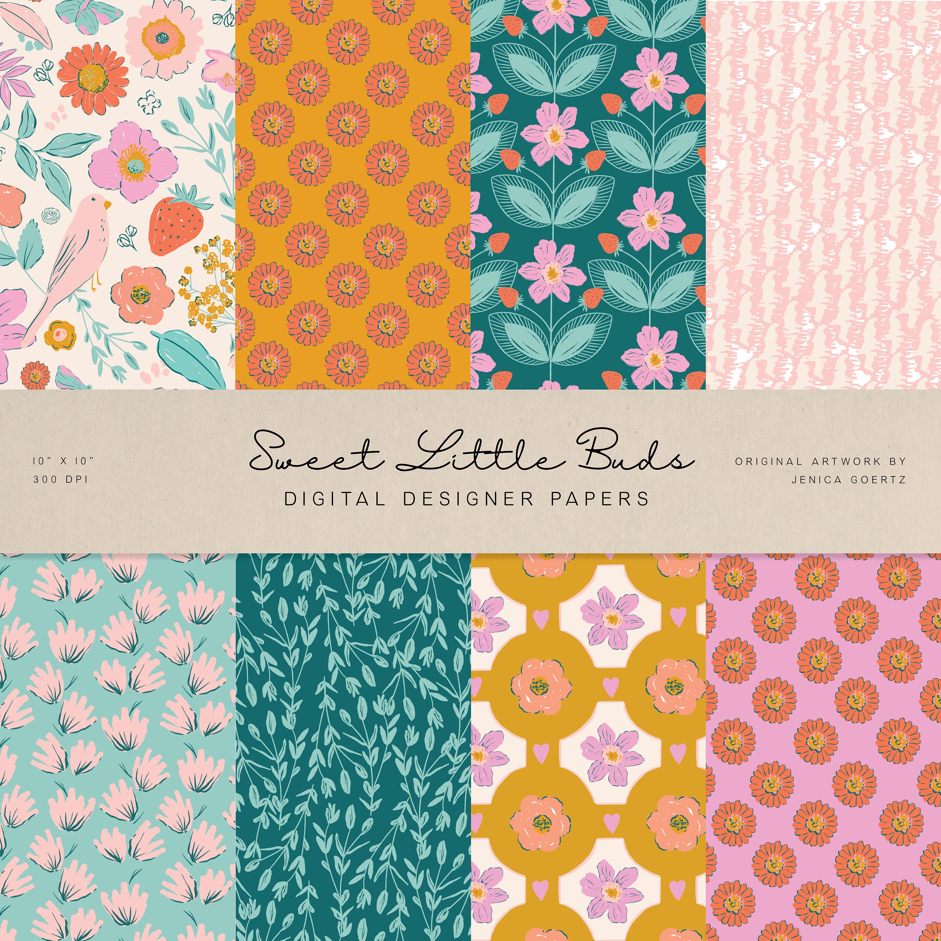 Cute Bird Digital Paper Kids Printable Paper Bright Floral Patterns ...