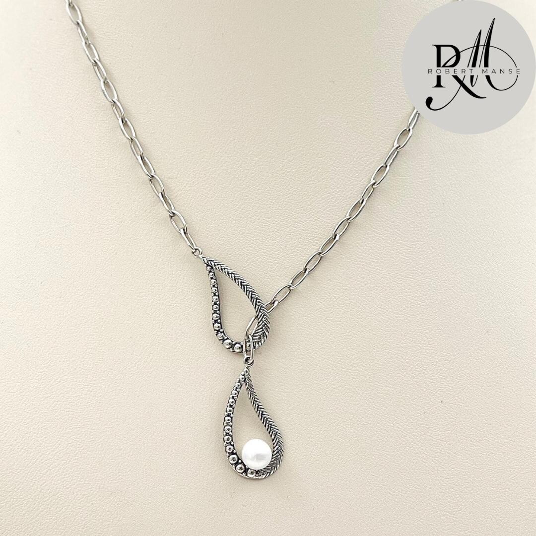 White Freshwater Pearl Paisley Design 22" Lariat Paperclip Necklace ...