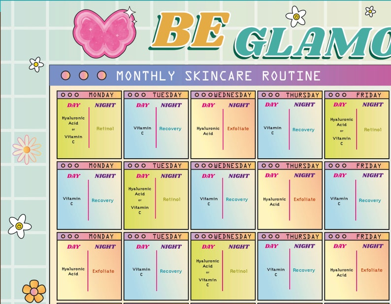 Skin Cycling Calendar, Monthly Skincare Planner, Daily Skincare Routine ...