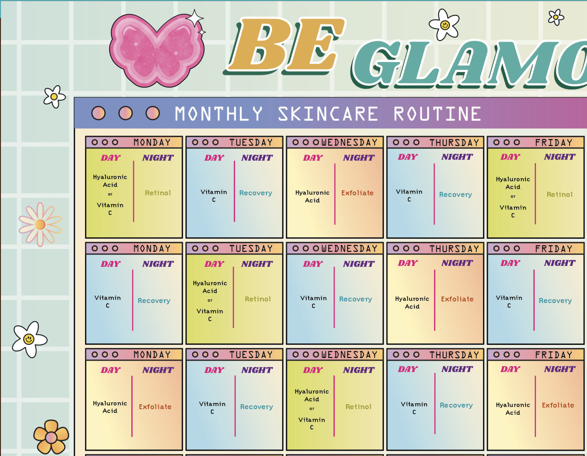 Skin Cycling Calendar, Monthly Skincare Planner, Daily Skincare Routine ...
