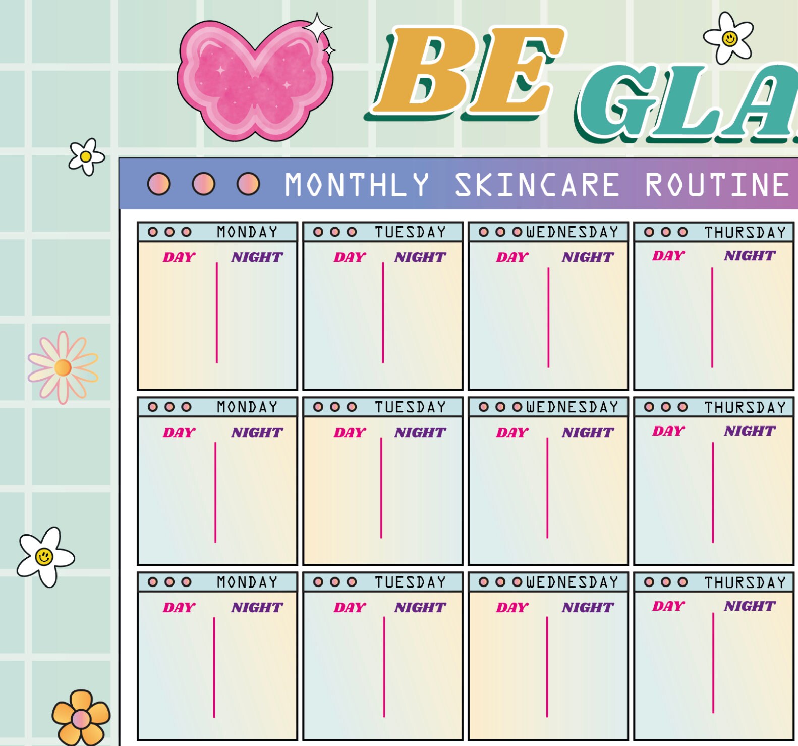 Skin Cycling Calendar, Monthly Skincare Planner, Daily Skincare Routine ...