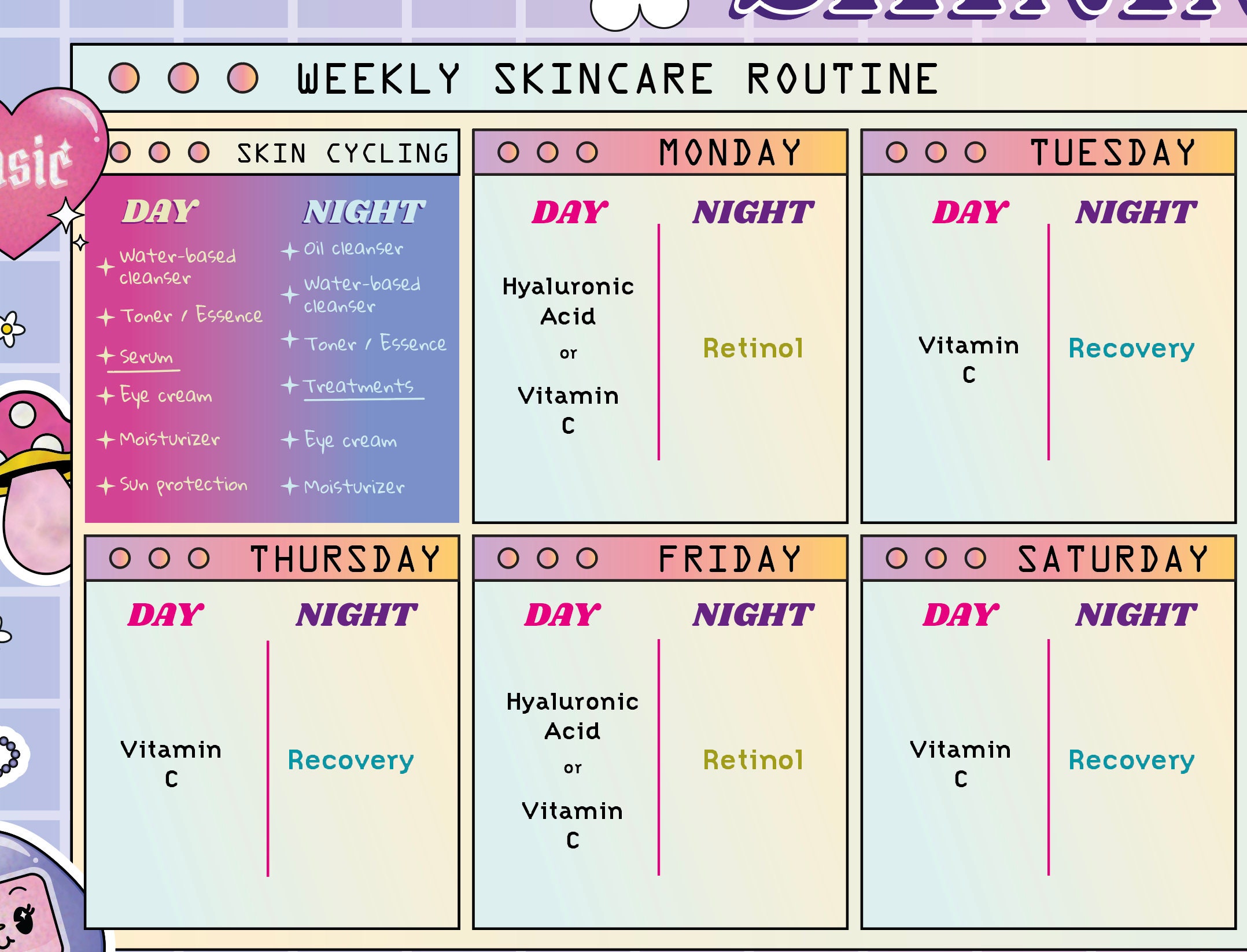 Skin Cycling Calendar, Weekly Skincare Planner, Daily Skincare Routine ...