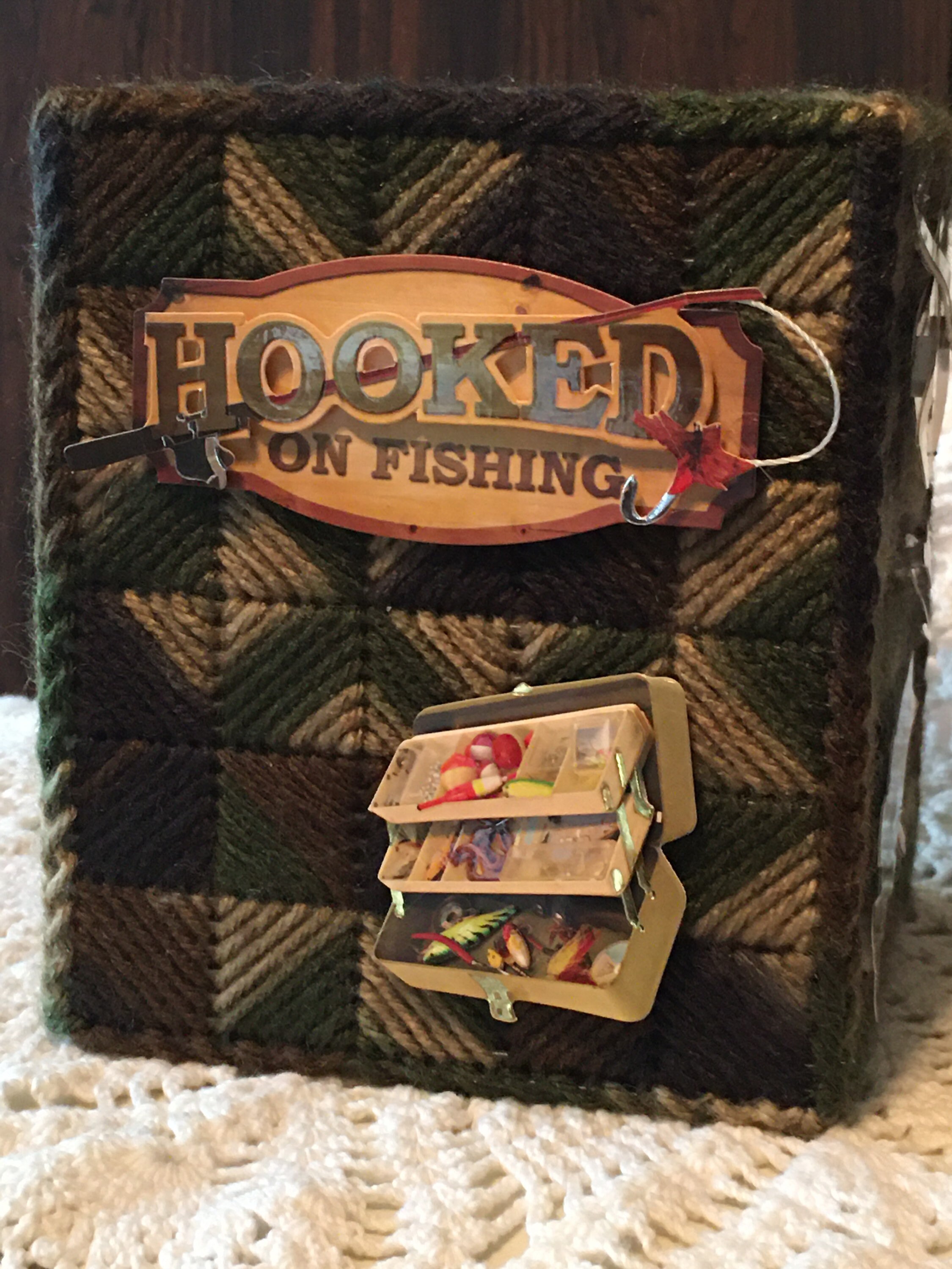 Fishing / Camouflage Yarn Tissue Box Cover Handmade Plastic Canvas Cube ...