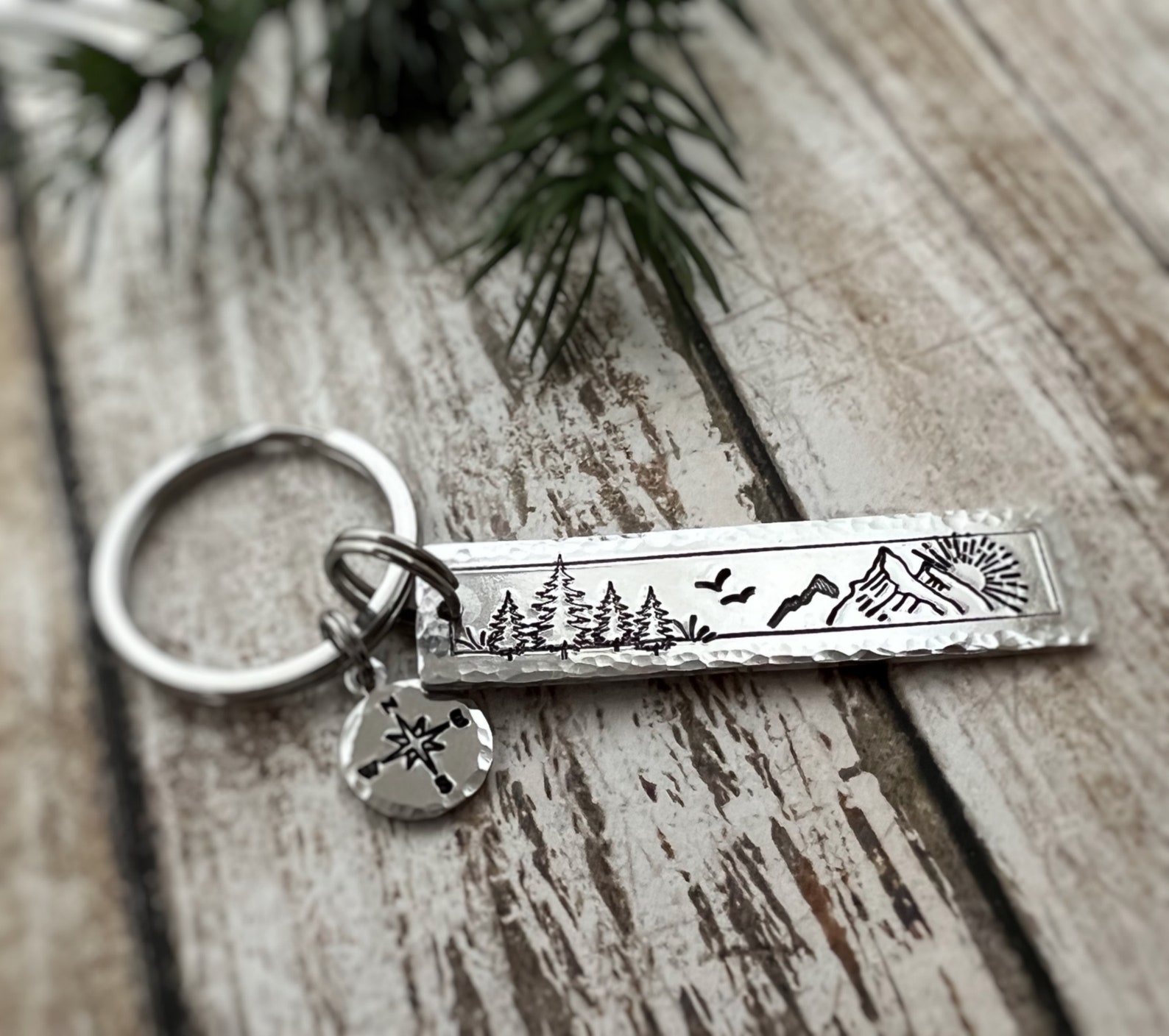 Mountain Sunrise Keychain - Nature Adventure Compass Charm Key Ring ...