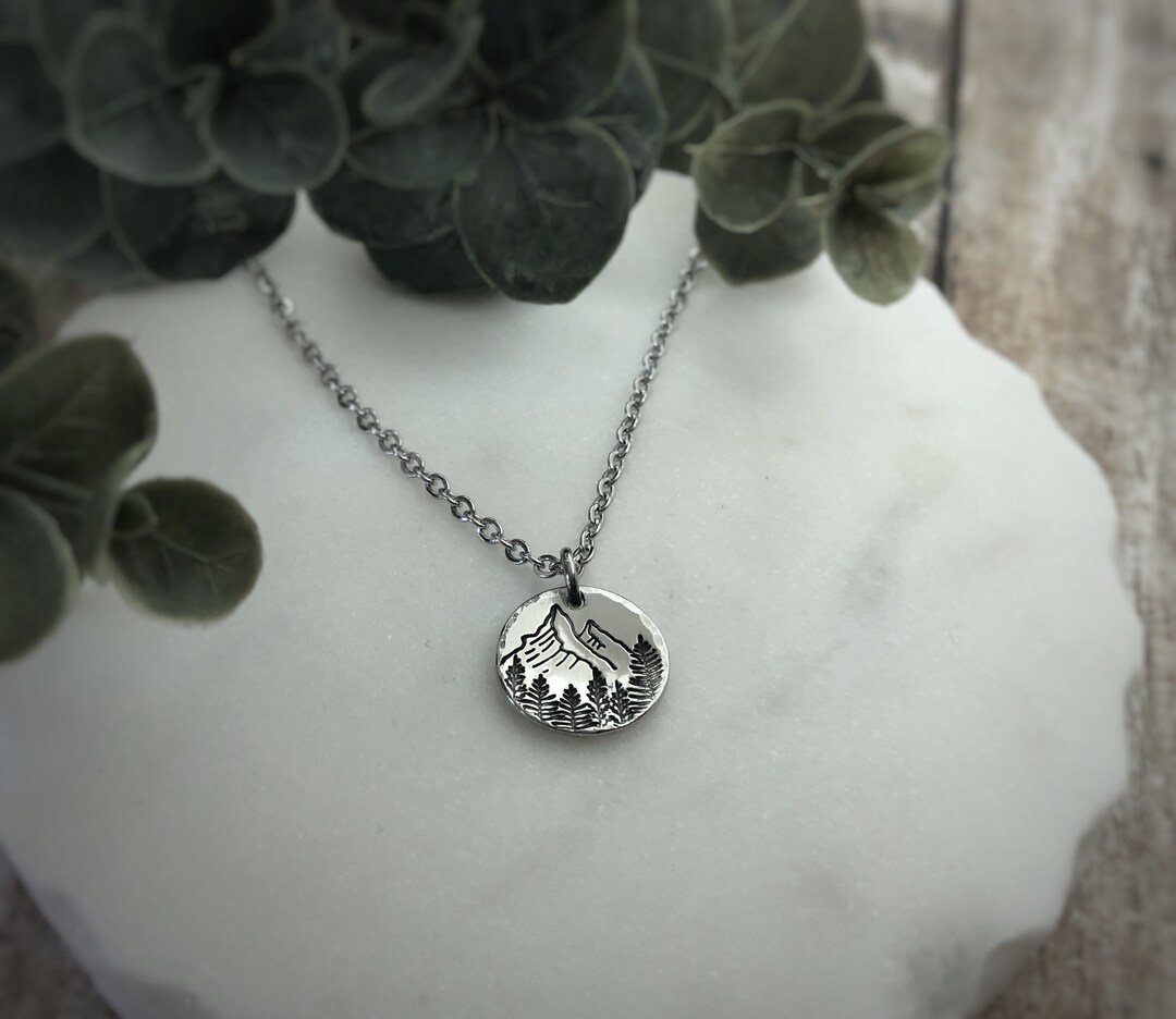 Tiny Mountain Forest Tree Pendant - Dainty Hand-stamped Nature Necklace ...