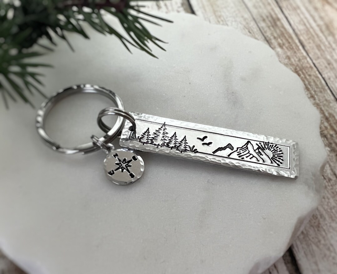 Mountain Sunrise Keychain - Nature Adventure Compass Charm Key Ring ...