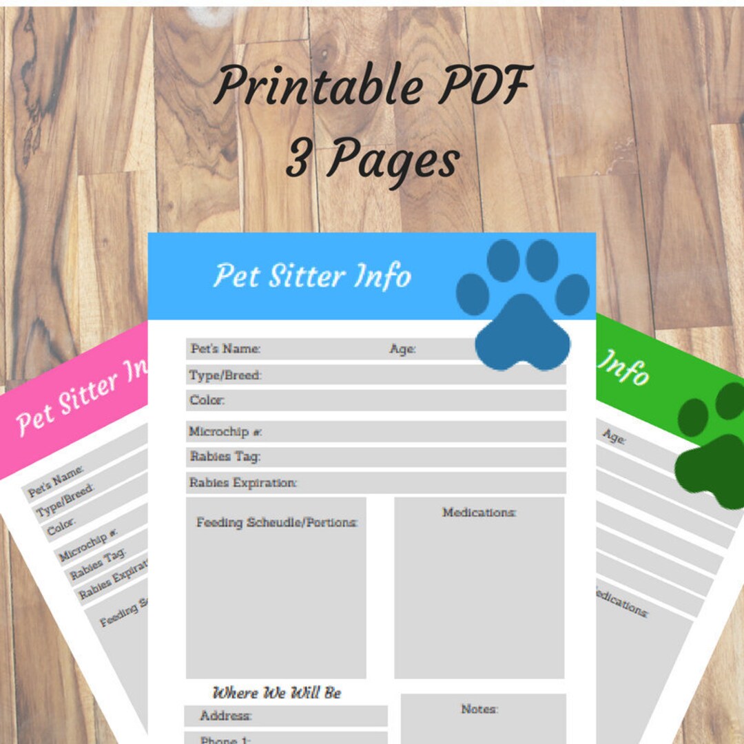 Pet Sitter Info Sheet Printable Pet Info Sheet Pet Sitter - Etsy