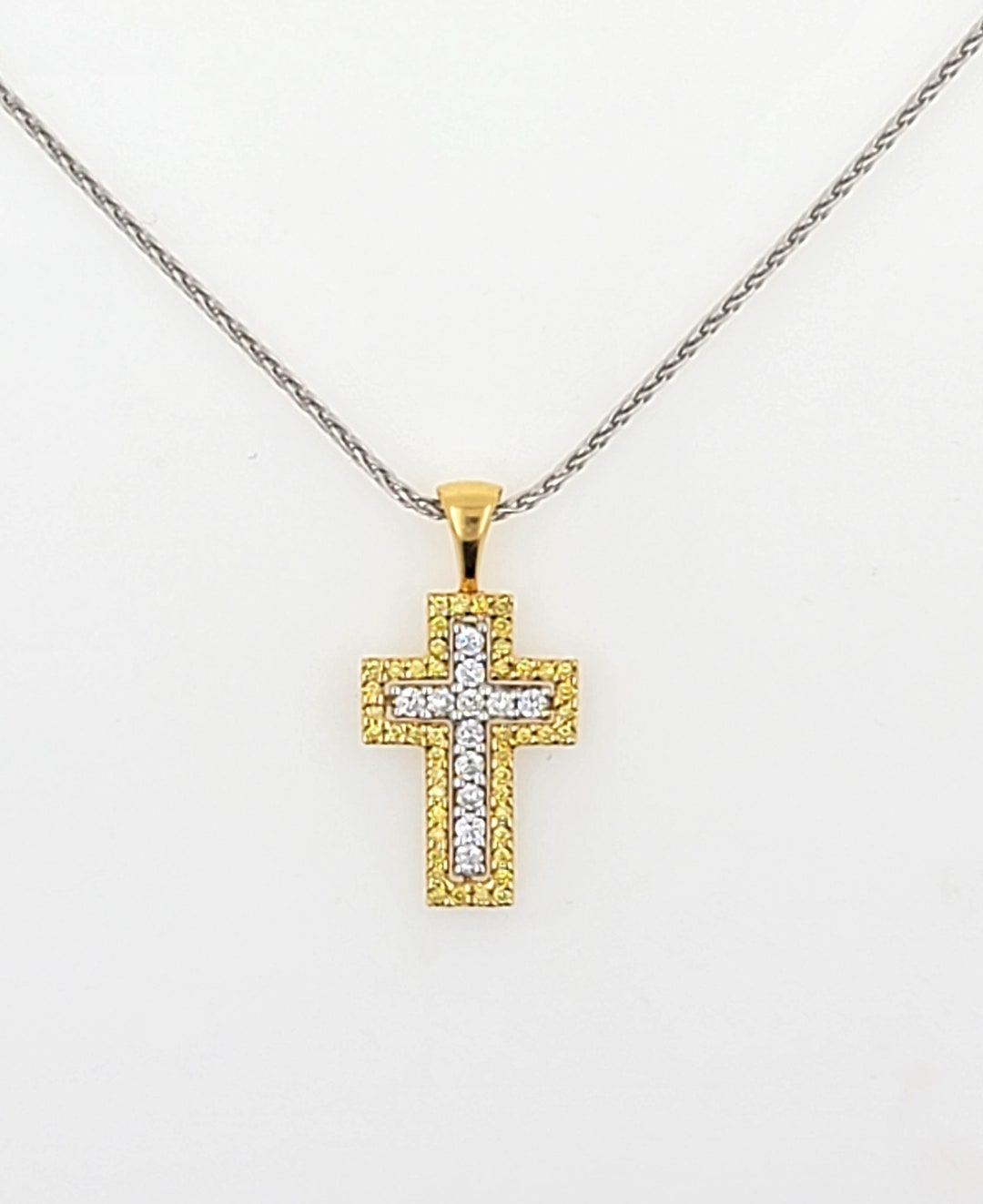 Handmade 18K Two-tone Gold Natural Diamond & Fancy Yellow Diamond Cross ...