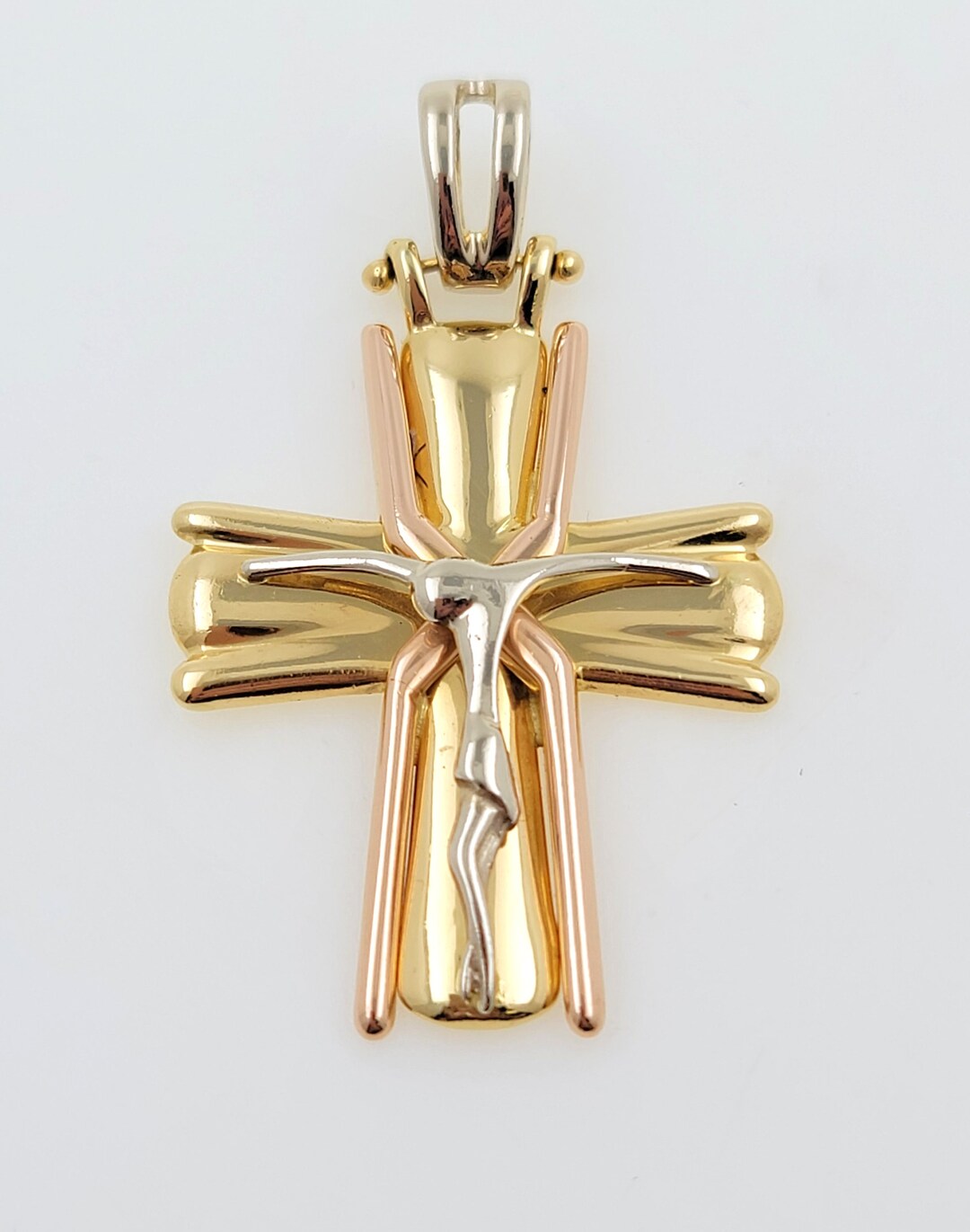18K White, Yellow & Rose Gold Italian Cross Crucifix Pendant by Oro ...