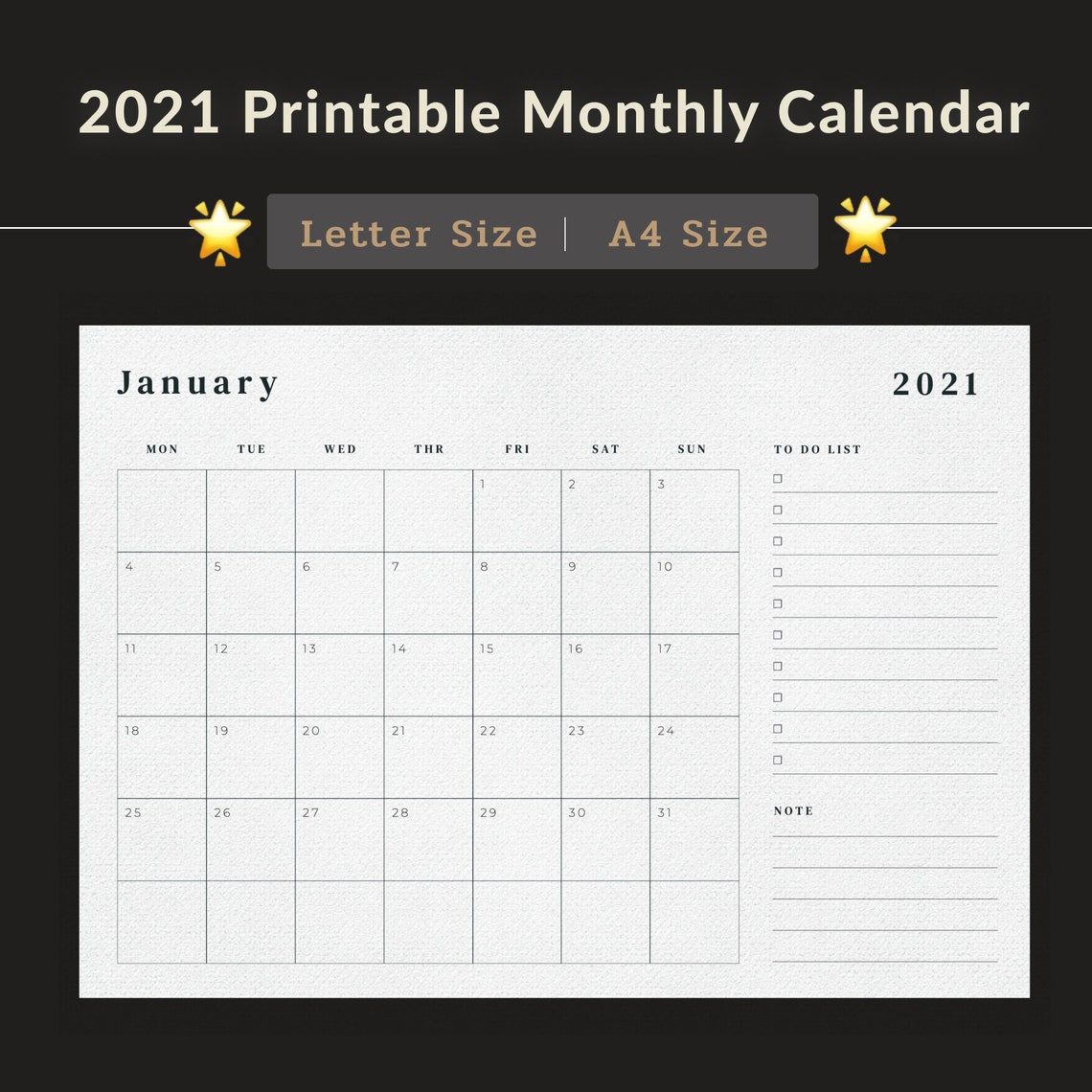 2021 Monthly Calendar Printable / Monthly Planner / to Do List | Etsy