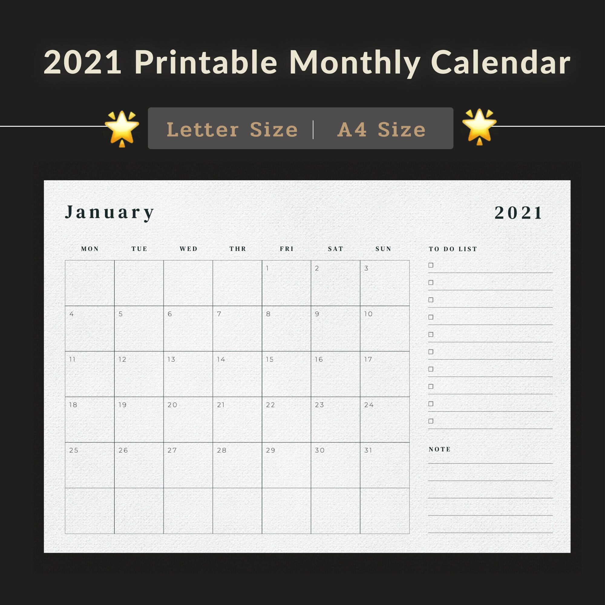 2021 Monthly Calendar Printable / Monthly Planner / to Do List ...
