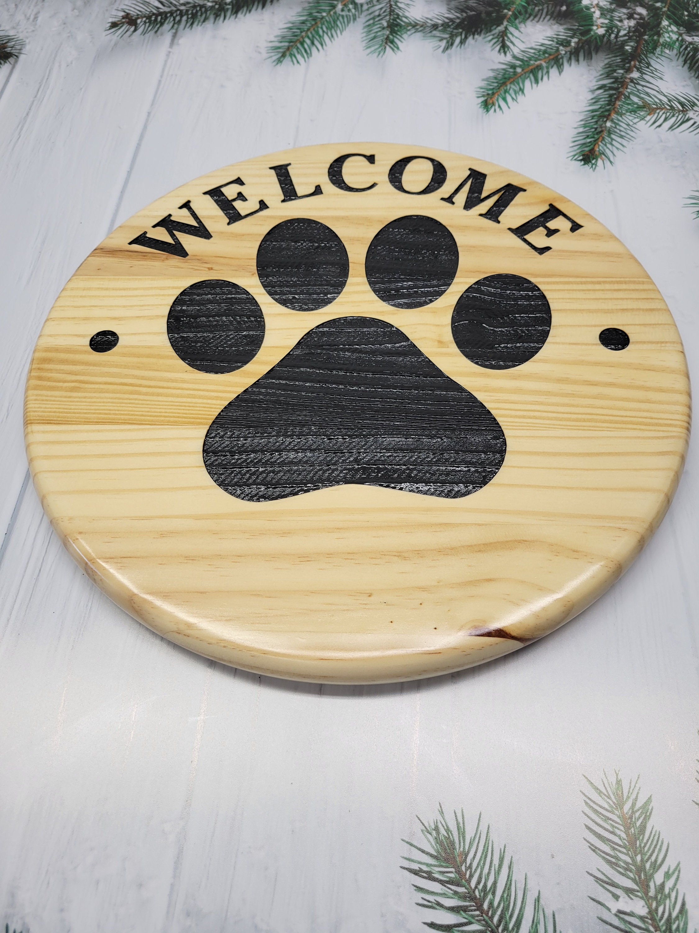 Dog Paw Print WELCOME Laser Carved Etched Round Wood Primitive - Etsy