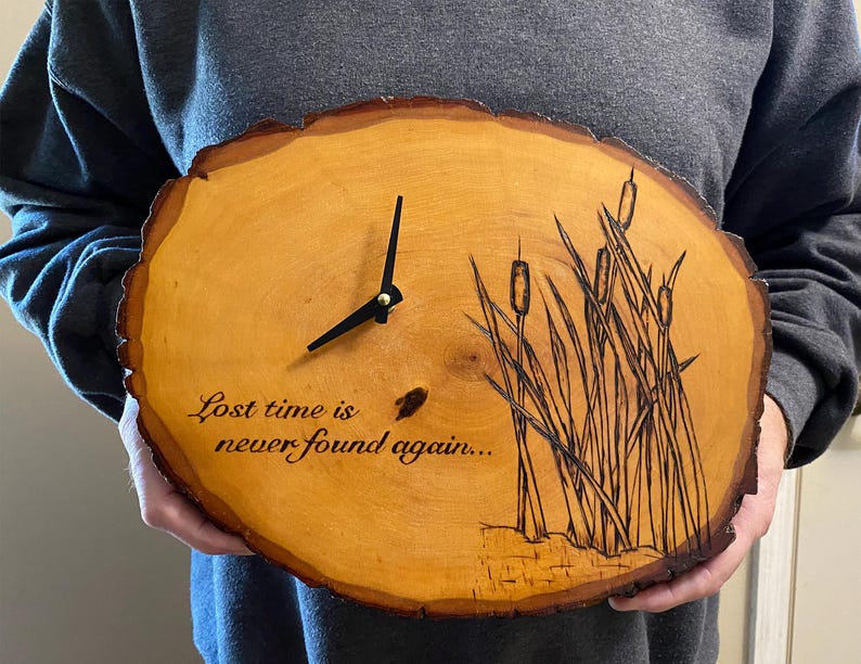 Wood Burned Clock-oval-cattails With Quote: Lost Time is Never Found ...