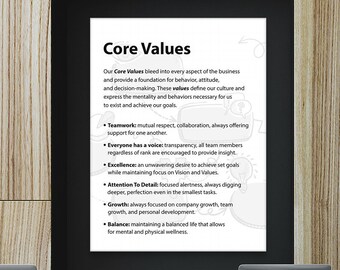 6 Company Core Values Inspirational Wall Art Canvas Print, Teamwork ...