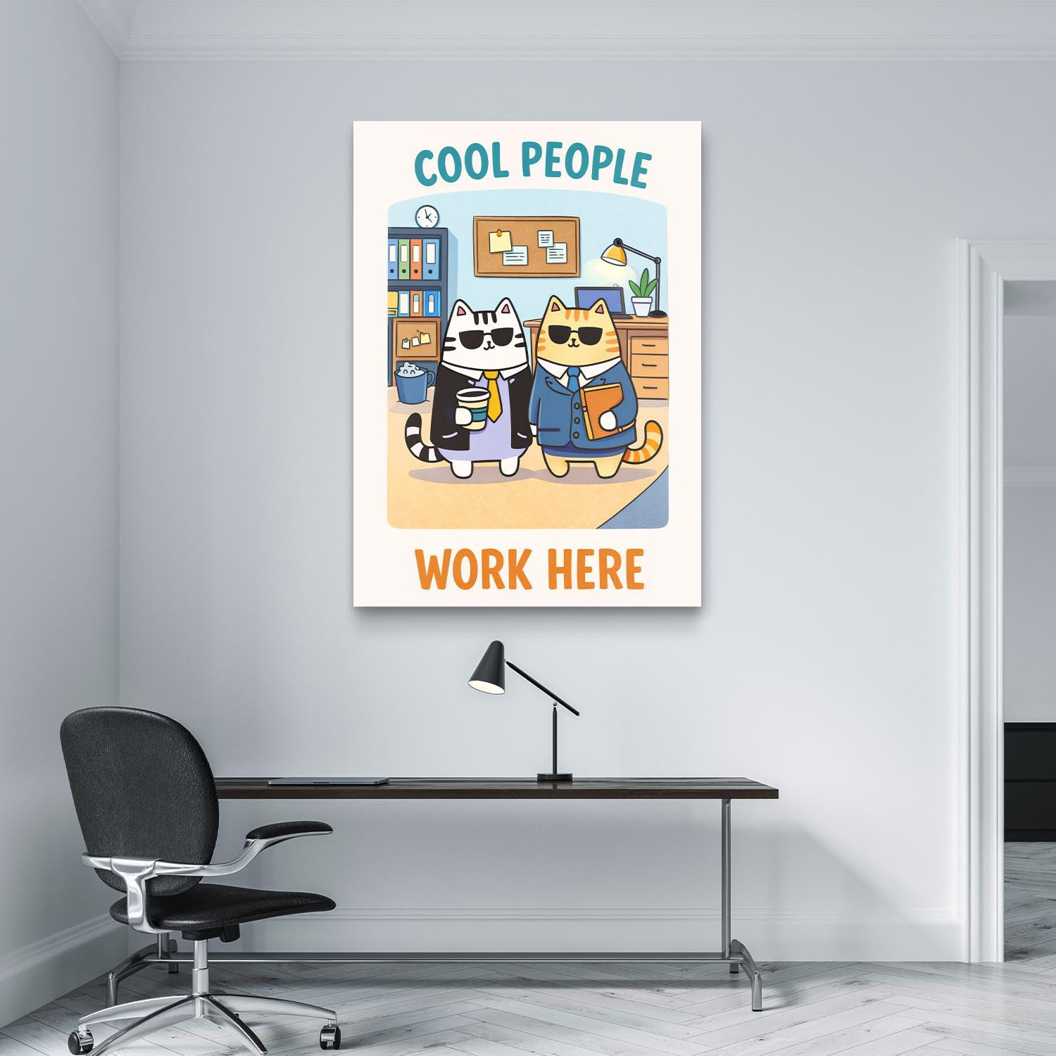 Cool People Work Here Wall Art Canvas Print | Office Cat Illustration ...