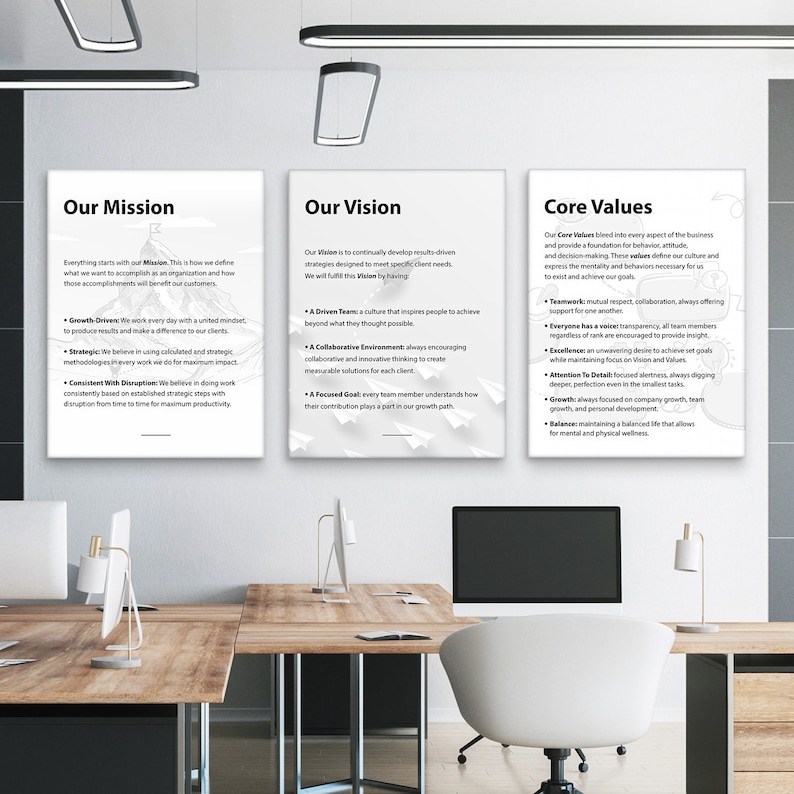 Mission Vision Core Values Wall Art Set | Office Canvas Print | Company ...
