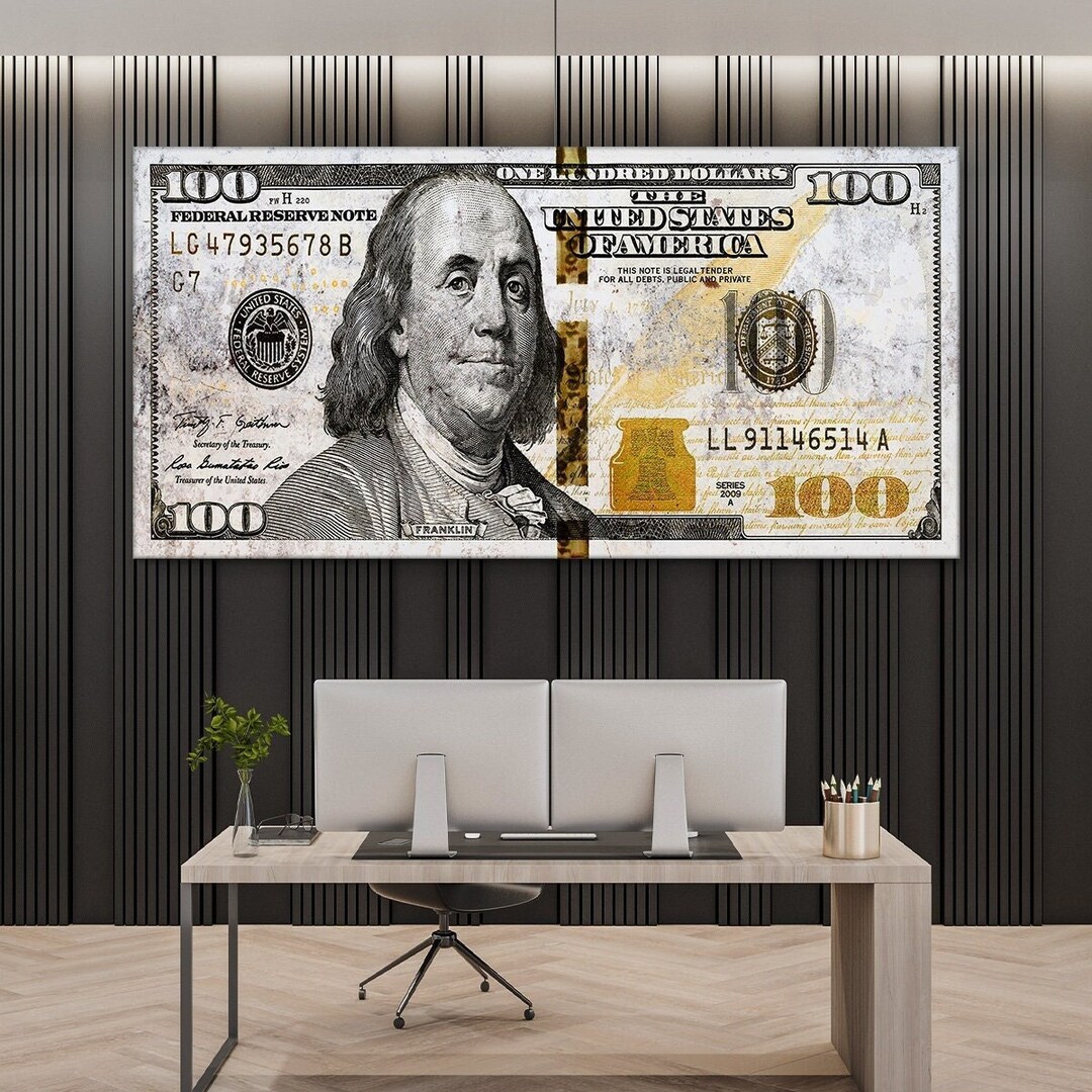 Golden 100 Dollar Bill Canvas Print, Wealth Mindset Office Wall Art ...