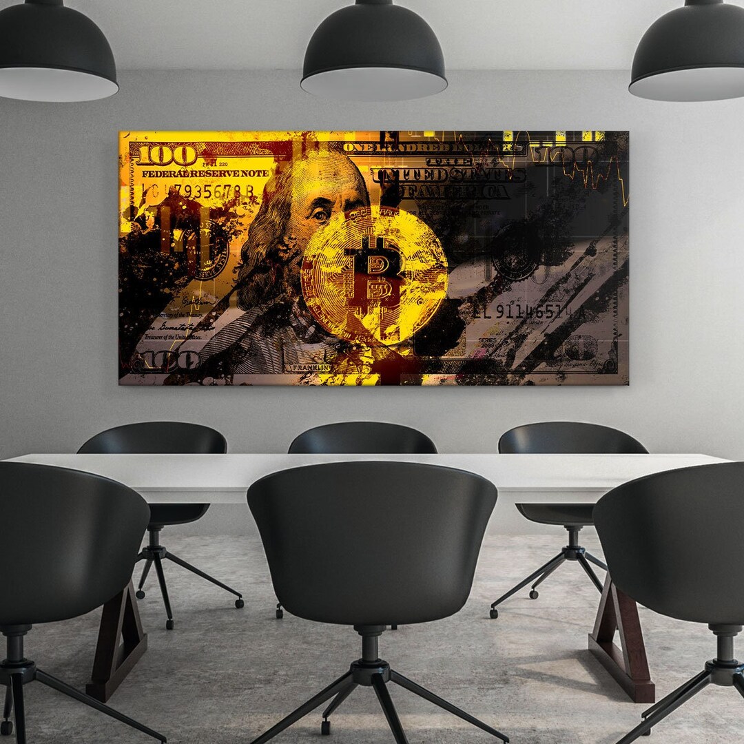 100 Dollar Bill Bitcoin Wall Canvas Office Decor, Cryptocurrency Print ...
