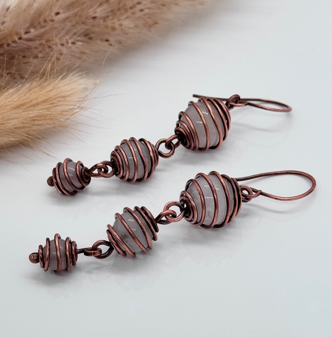 Caged Spiral Earring, Oxidised Copper Earring, Rose Quartz Gemstone Earring, Wire Wrapped ...