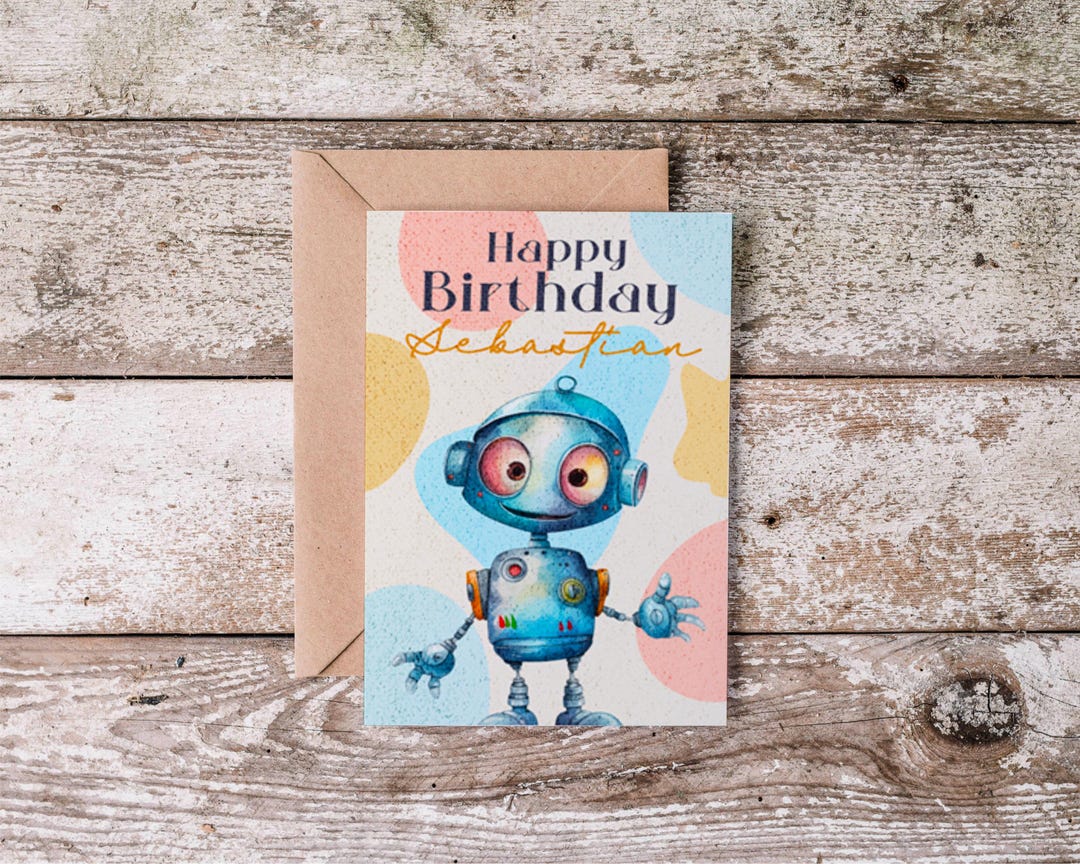 Personalised Robot Birthday Card, Kids Name Card, Robot Greeting Card ...