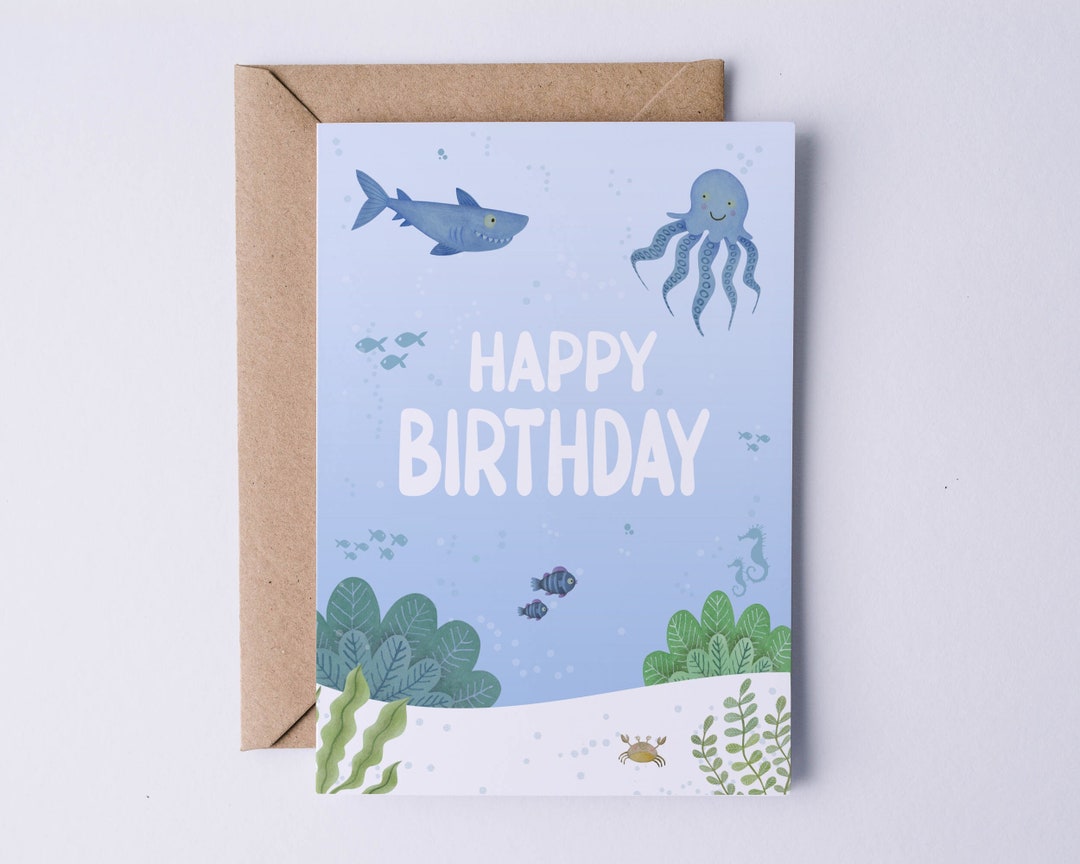 Shark Happy Birthday Card, Sea Life, Kids Card - Etsy