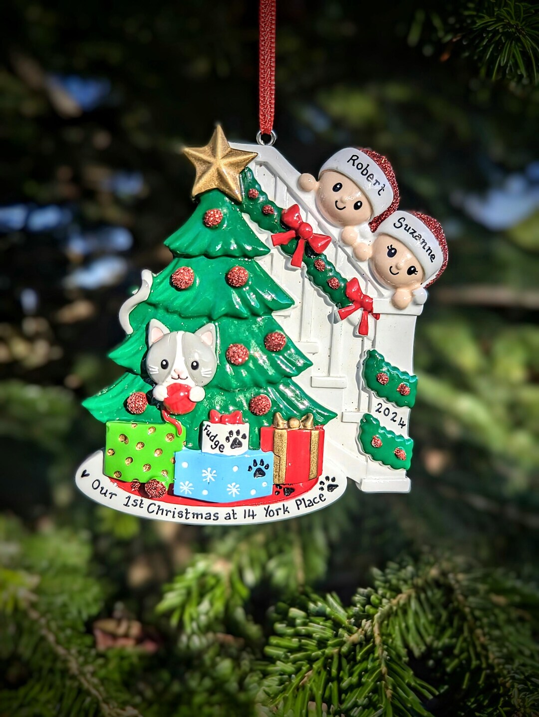 Personalised Couple With White Tabby Cat Kitten Christmas Tree ...