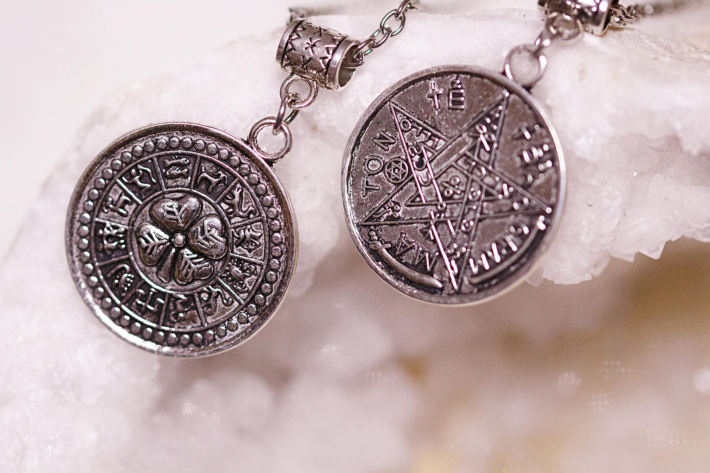 Zodiac Wheel Necklace Pentagram Wiccan Amulet Four Leaf | Etsy