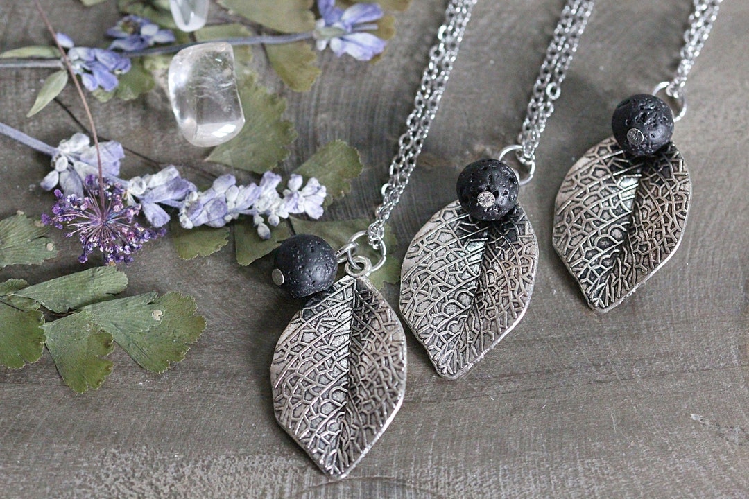 Lava Leaf Necklace - Lava Stone Diffuser Necklace - Silver Leaf Pendant ...