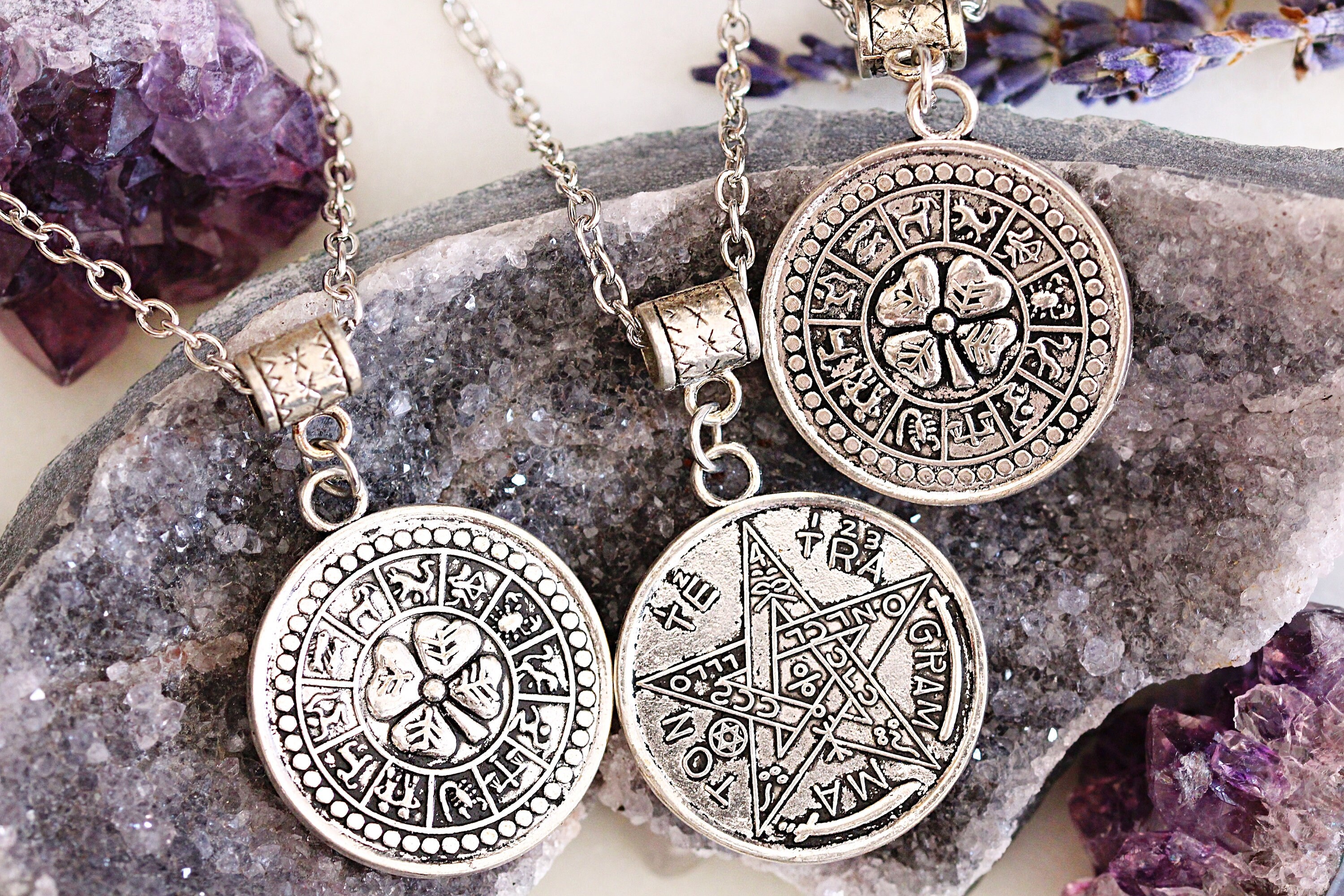 Zodiac Wheel Necklace Pentagram Wiccan Amulet Four Leaf | Etsy