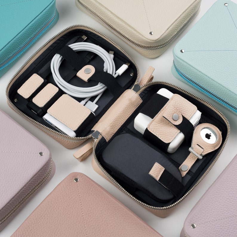 Personalized Leather Tech Accessories Organizer, Multi-slot Zipper Case ...