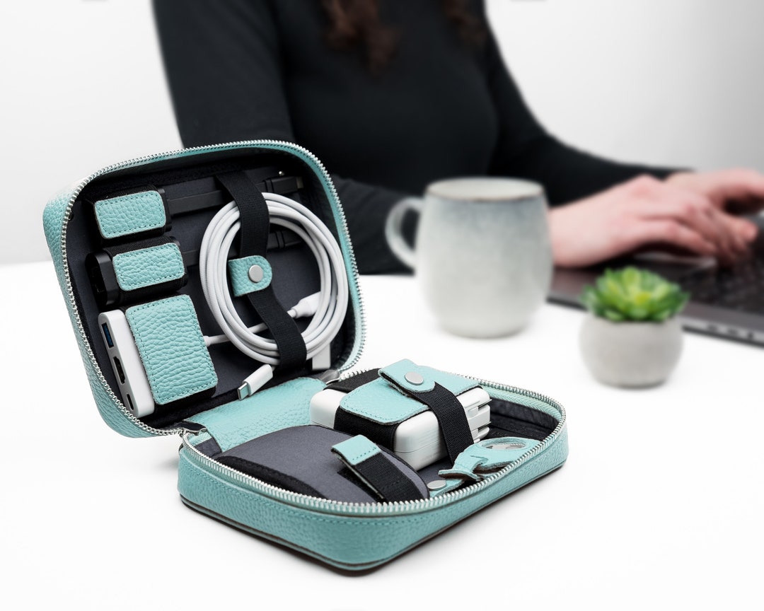 Pebbled Leather Tech Accessories Organizer, Travel Cord Case - Etsy