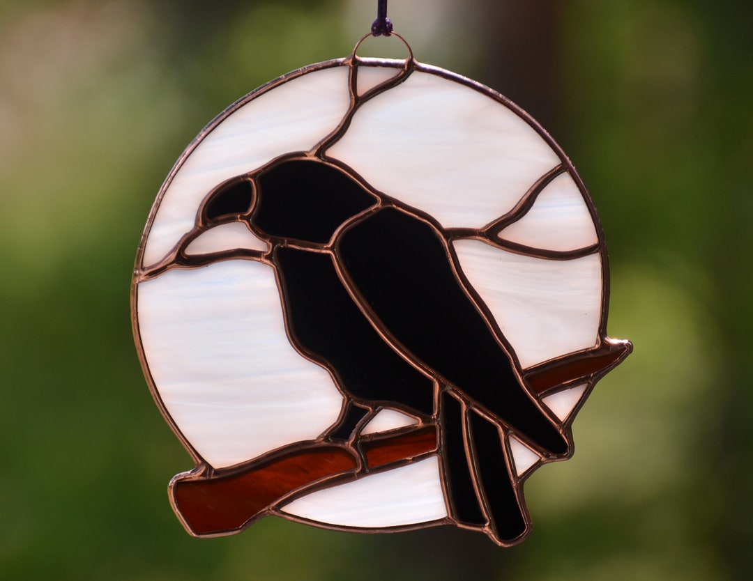 Stained Glass Halloween Black Raven Window Hangings, Mystical Crow Sun ...