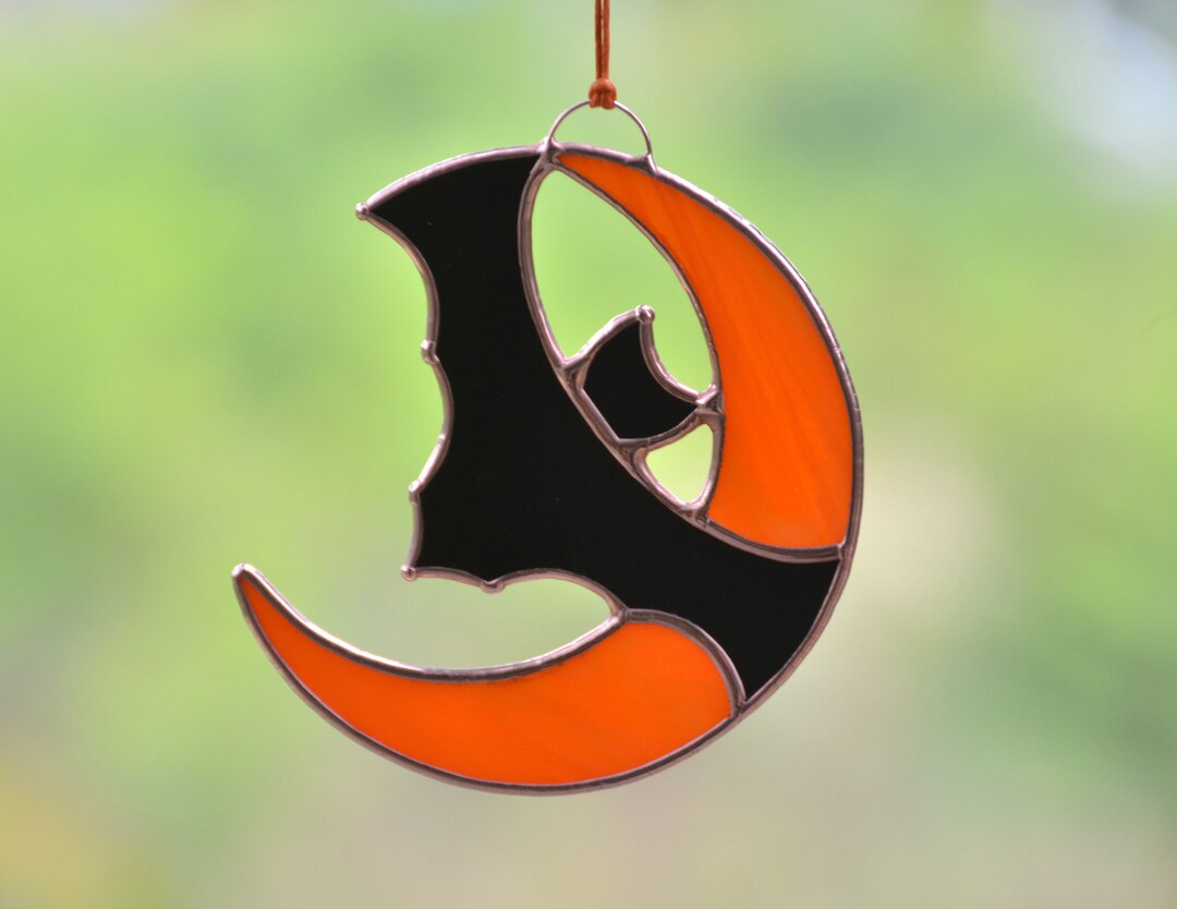 Stained Glass Halloween Bat With Moon, Halloween Suncatcher, Window ...