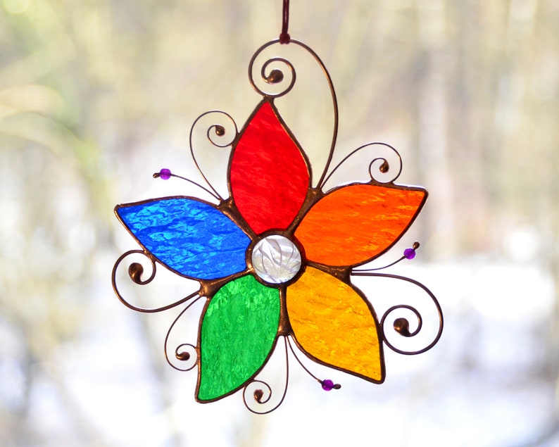Multicolor Flower Suncatcher Stained Glass Window Hangings Etsy