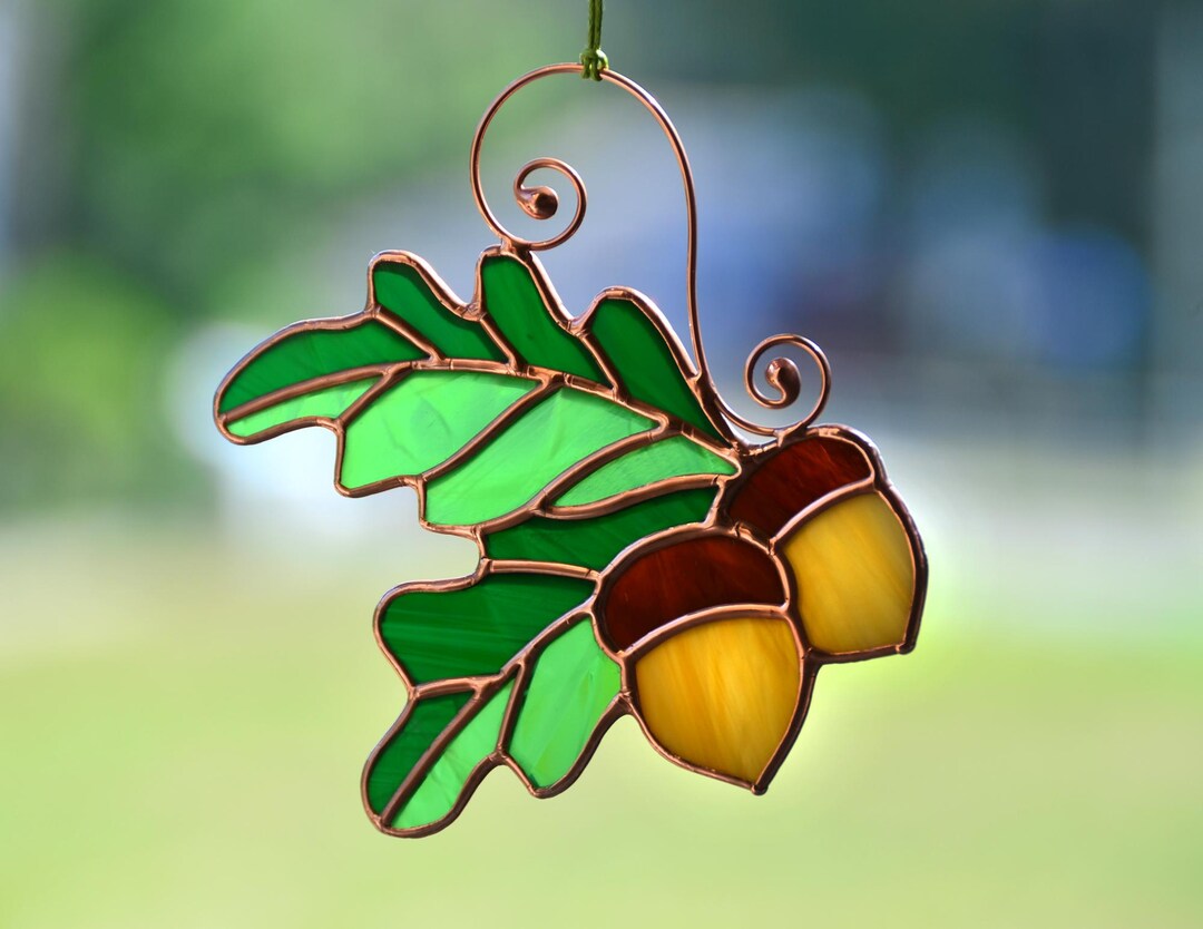 Acorn Stained Glass Suncatcher – Fall Leaves Window Hanging – Autumn ...