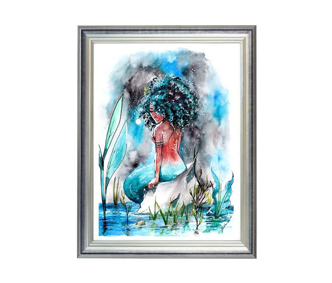 Beautiful Black MERMAID Art Print, African American Mermaid, Night Sky ...