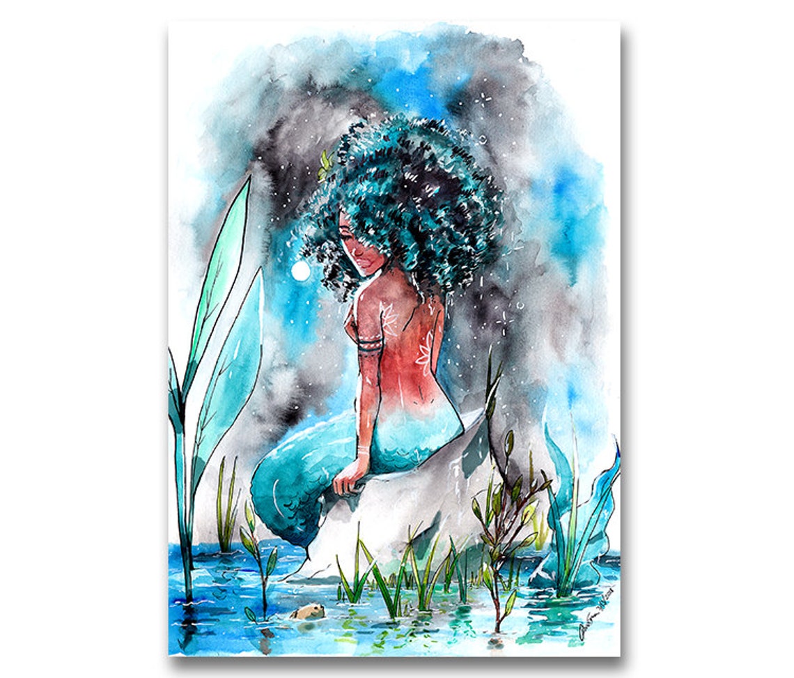 Beautiful Black MERMAID Art Print African American Mermaid - Etsy
