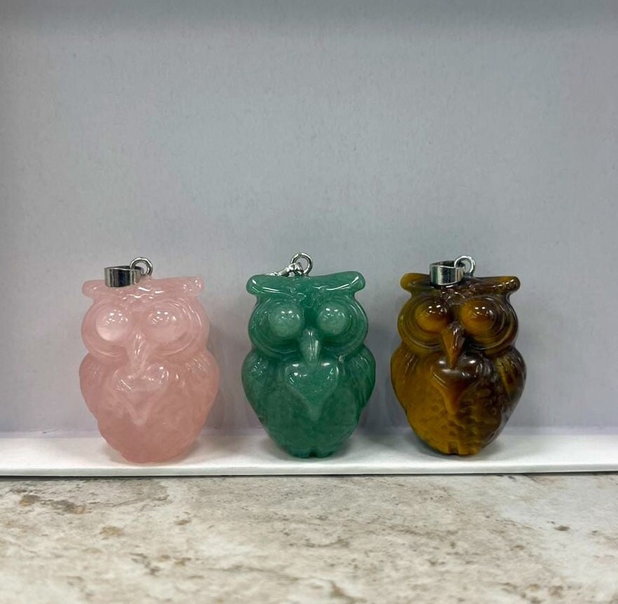 Owl, Carved Gemstone Pendants, 23x30mm , Amethyst, Onyx, Crystal Quartz ...