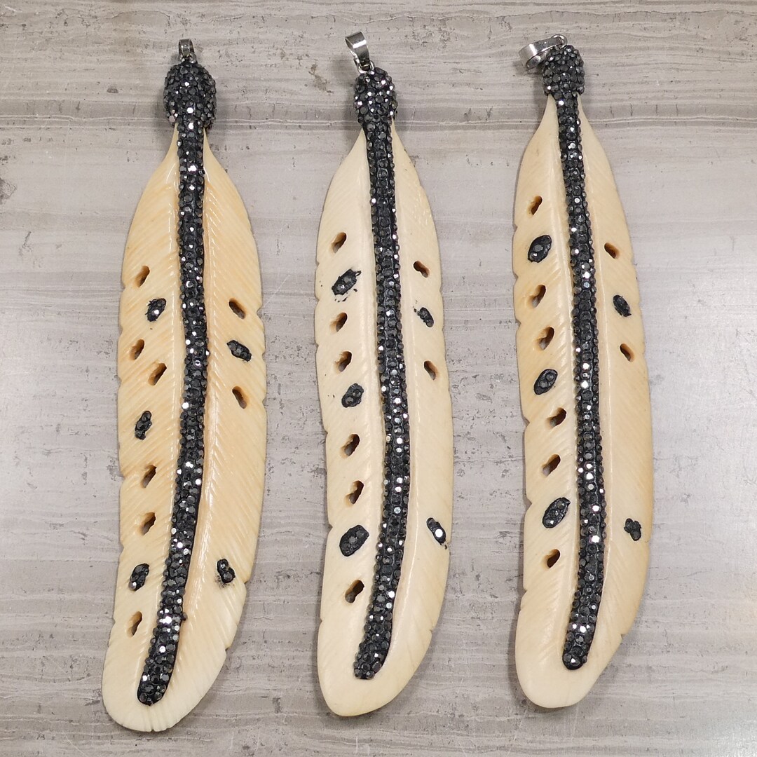 Cow Bone, Yak Bone Pave Carved Tan Feather 5-5.5 Inch Long Pendant (1pc ...