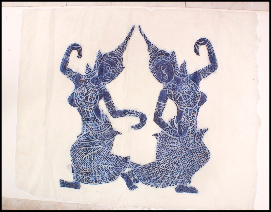 Thai Temple Rubbings on Handmade Fiber Paper - Pair of Vintage Large ...