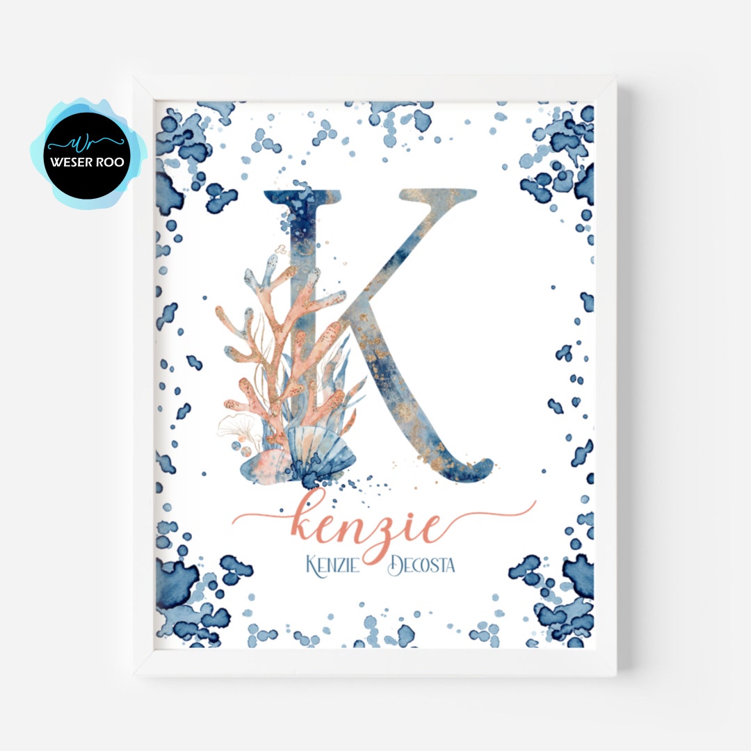 Under the Sea Monogram Letter K Initial Nautical Ocean Aquatic Floral ...