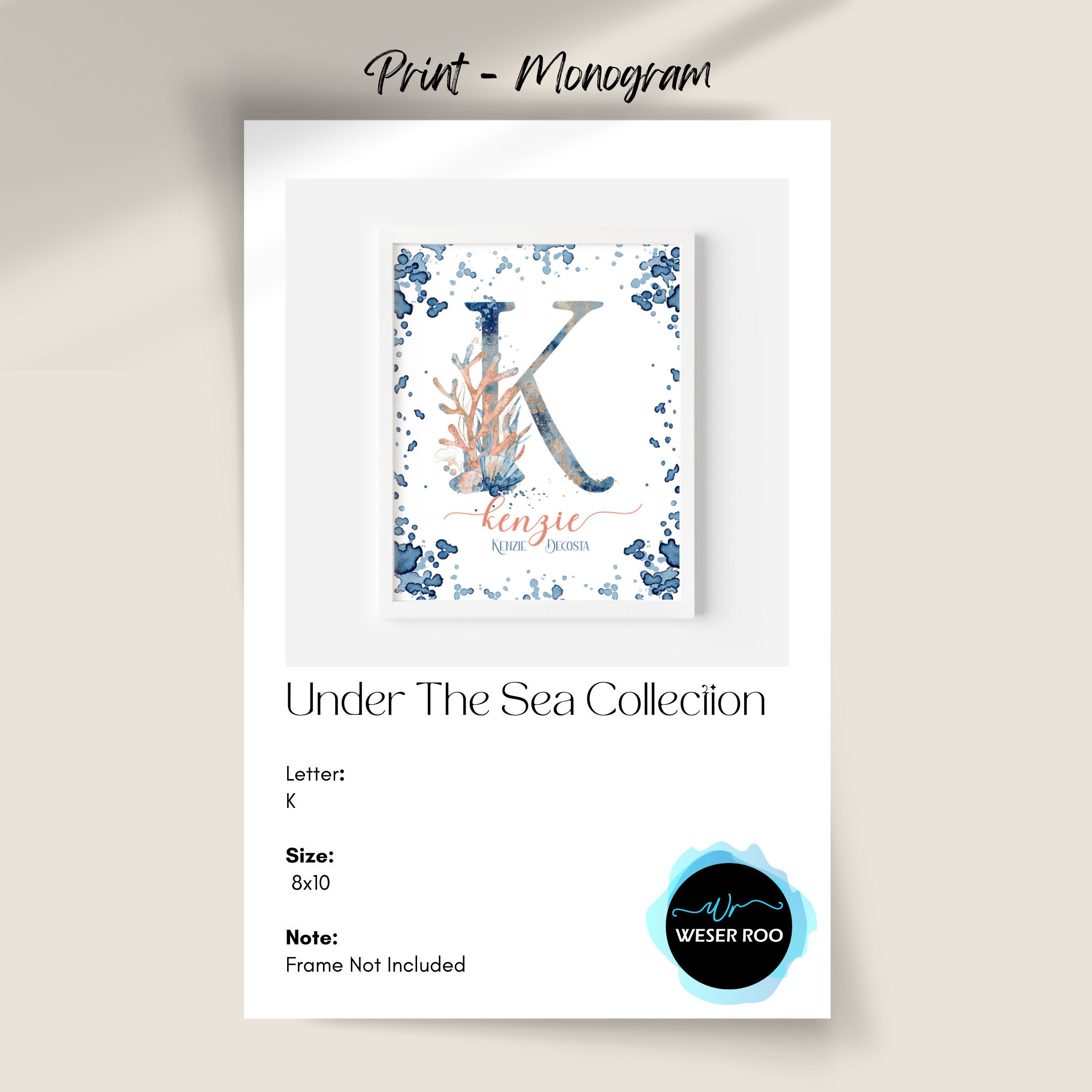 Under the Sea Monogram Letter K Initial Nautical Ocean Aquatic Floral ...