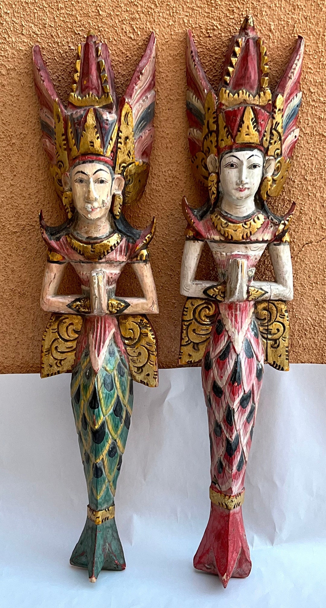 Vintage Bali Wall Art Dewi Sita Goddess and Rama Guardian Hand Carved & Painted Wood Statues 23 ...