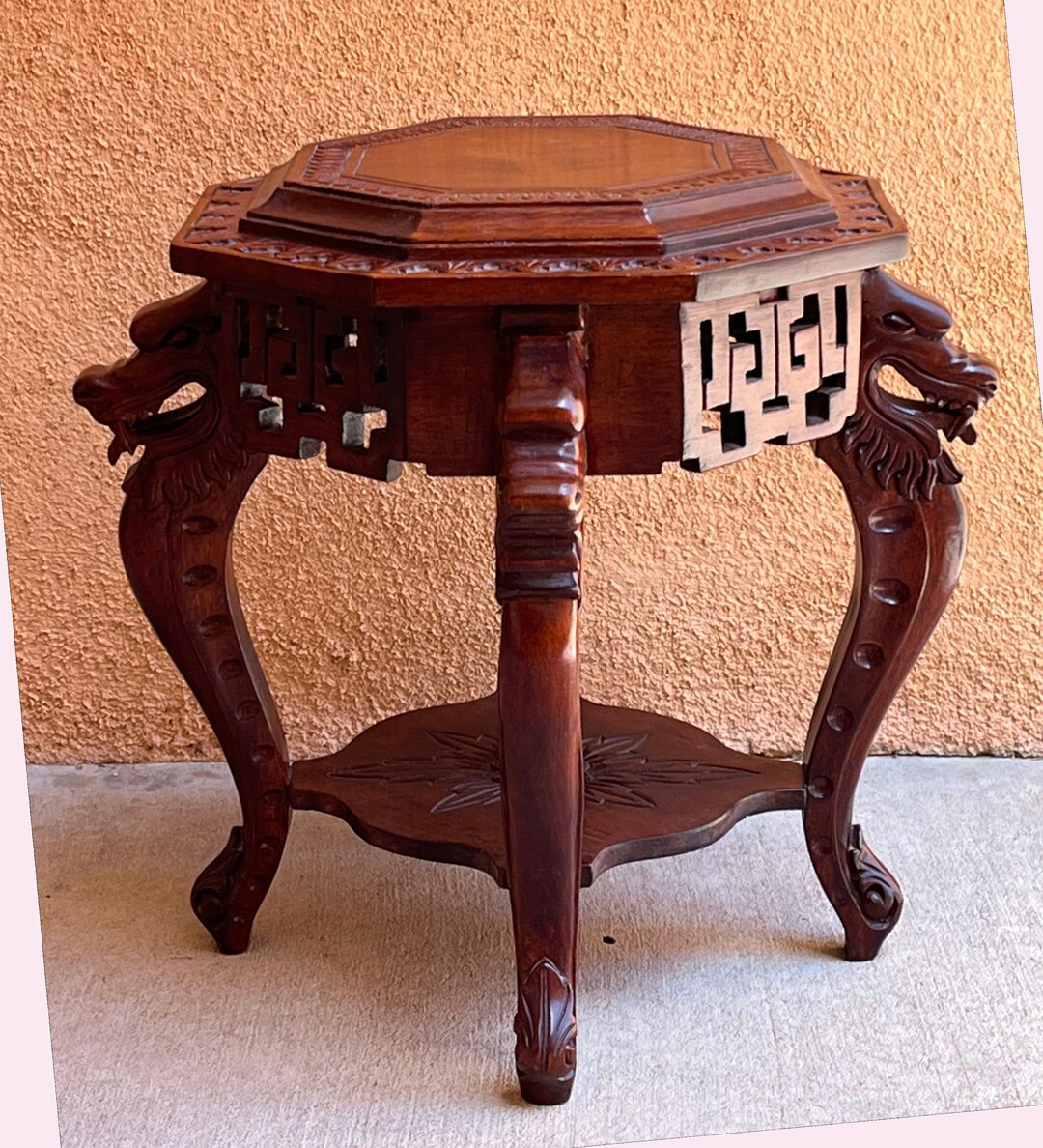 Antique Chinese Carved Wood Stand With Dragons on 4 Legs. Open Work ...