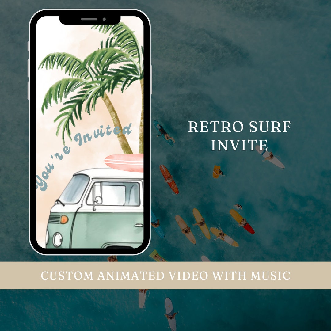 Surfs up Video Invitation, Retro Surfing, Surf Birthday Invite, Animated, Custom, Personalized ...