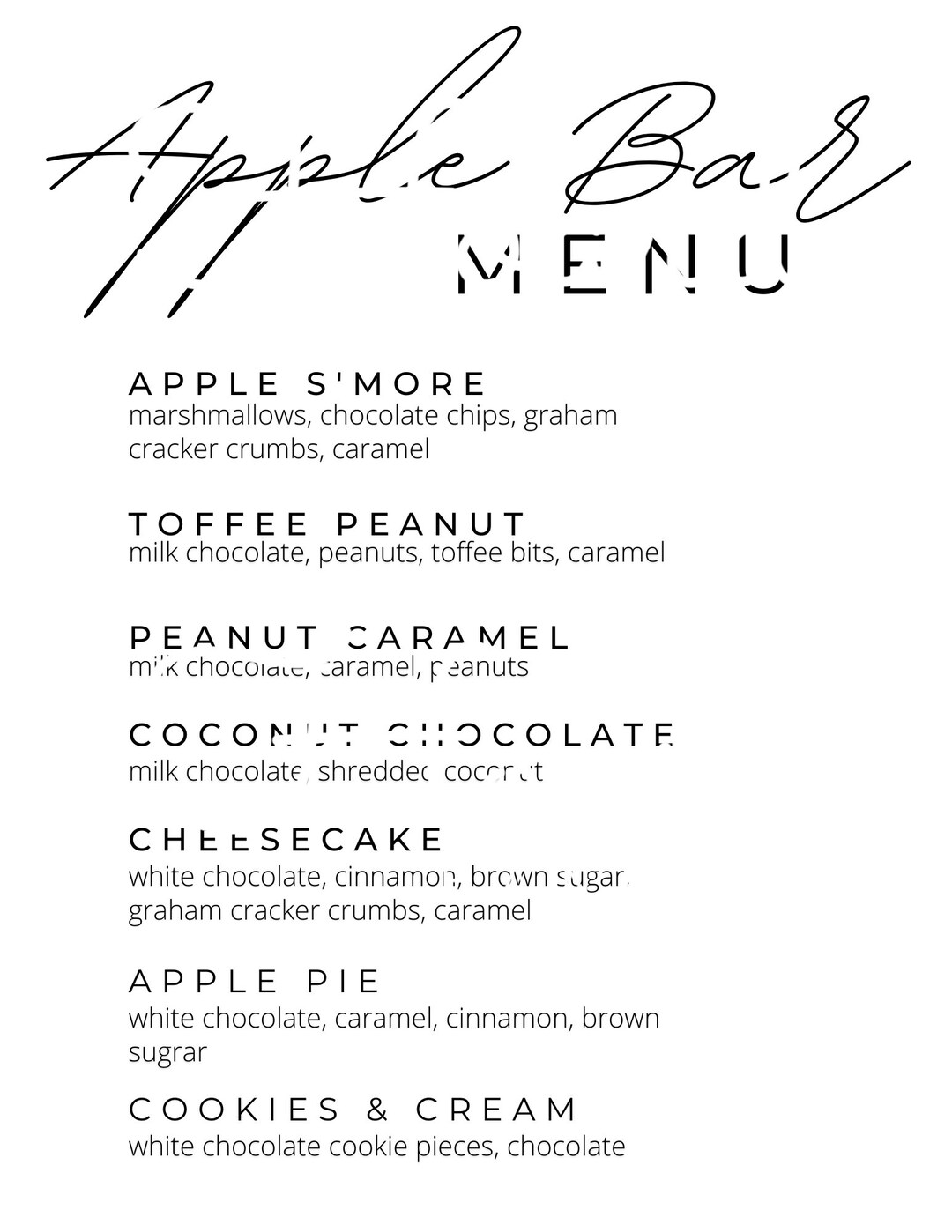 PTO PTA Apple Bar Menu Caramel Apple Staff Appreciation Food Menu ...