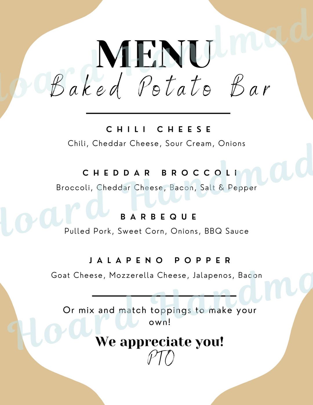 PTO PTA Baked Potato Bar Thank You Staff Appreciation Teacher Sign ...