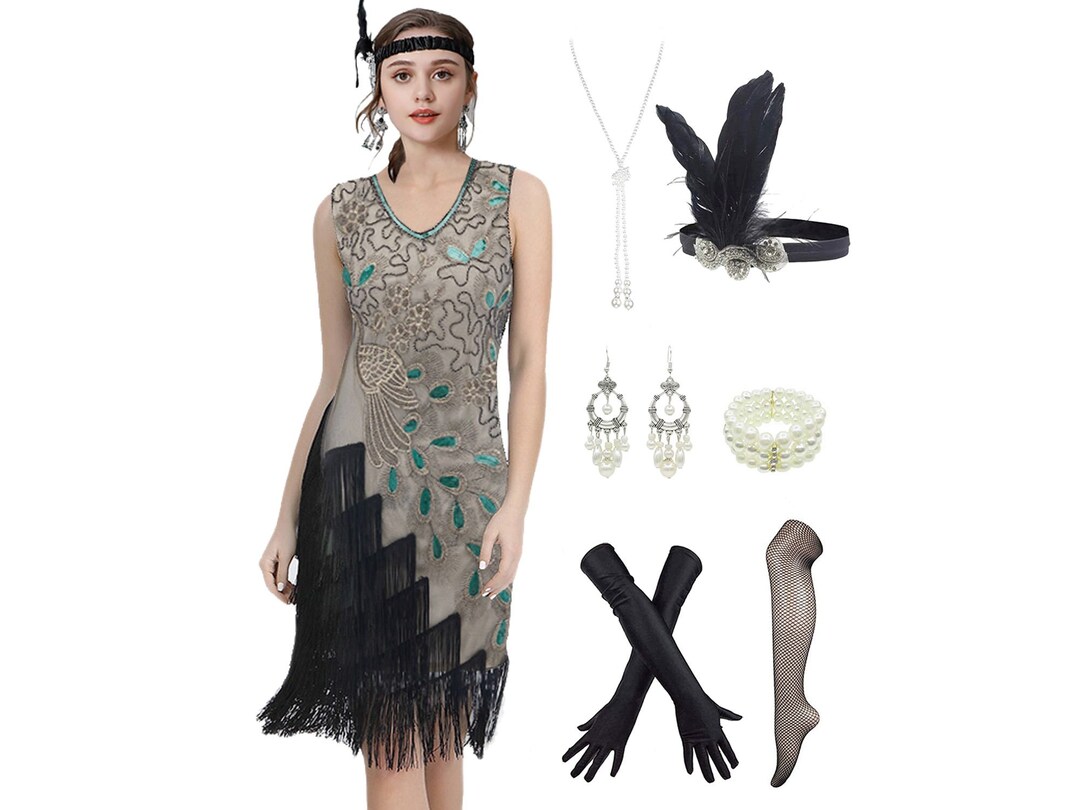 Women's Flapper Dresses 1920s Peacock Beaded Fringed Great - Etsy